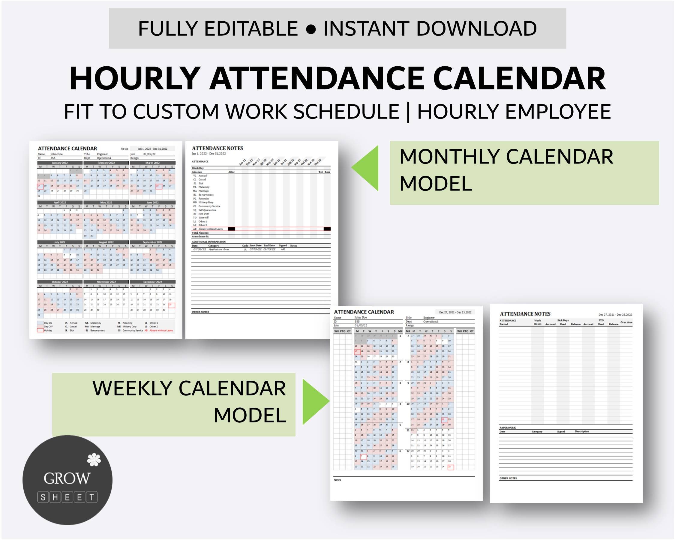 Printable Hourly Employee Attendance Calendar | Custom Attendance ...