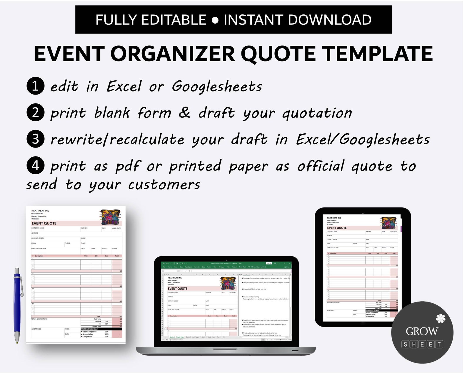 Printable Event Organizer Quote Template for Excel and Google Sheets ...