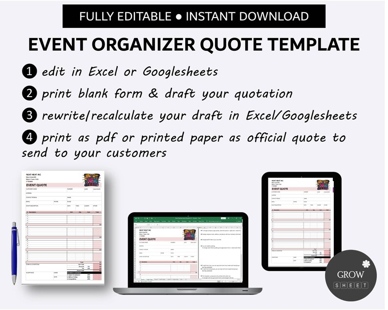 Printable Event Organizer Quote Template for Excel and Google Sheets ...