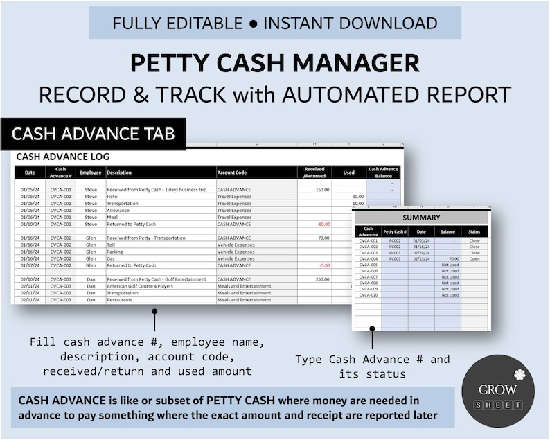 Petty Cash Log With Automated Replenishment Report | Petty Cash Management Template | Cash ...