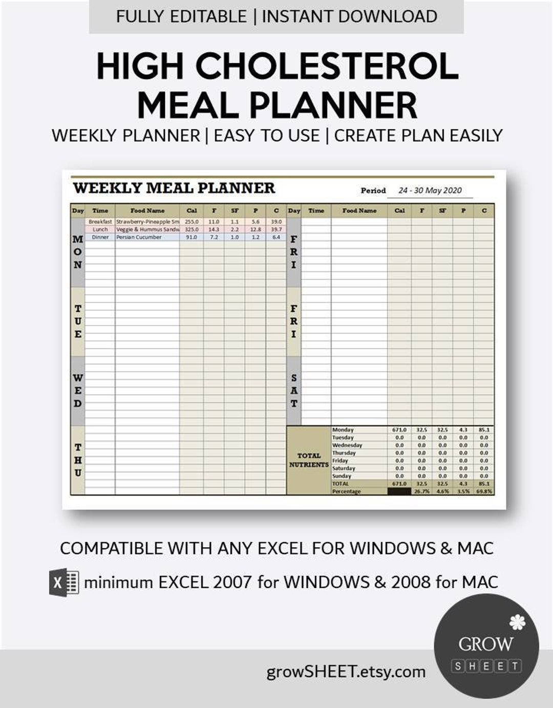 High Cholesterol Menu Planner - Excel Template | Fully Editable Weekly ...