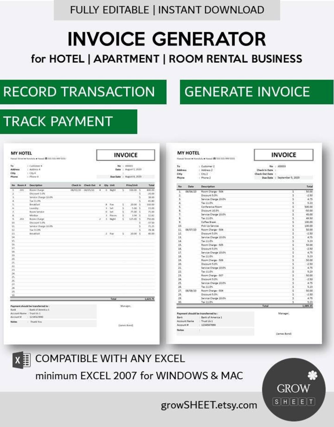 Invoice Generator for Hotel Business | Excel Invoice Template for Room ...