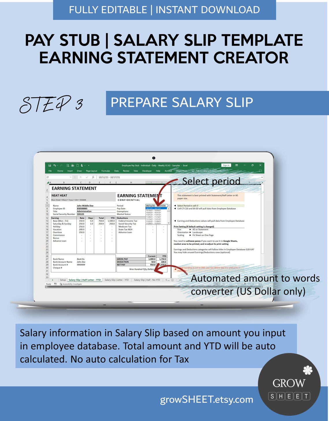 Salary Slip Generator | Earning Statement Template | Pay Slip Creator ...