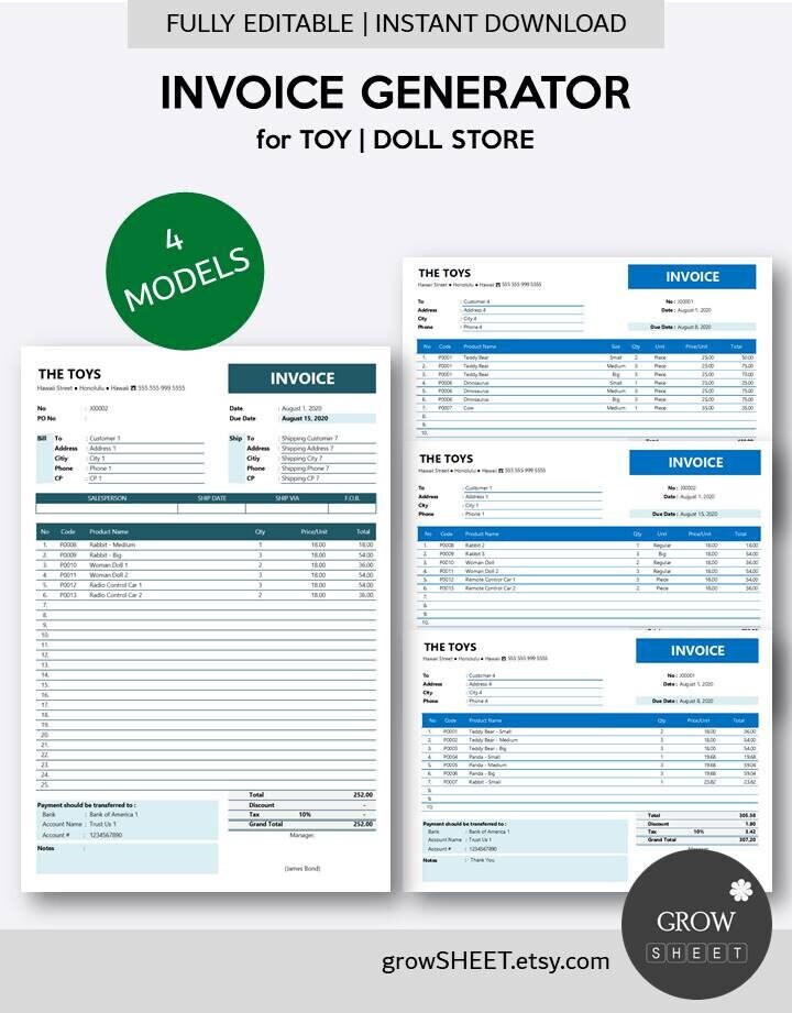 Invoice Generator for Toy Stores | Excel Invoice Template for Doll ...