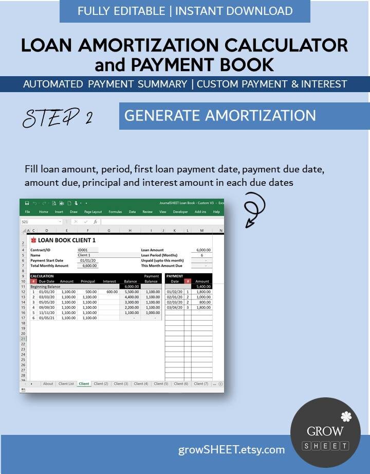 Custom Loan Amortization Schedule and Payment Book Log | Payment ...