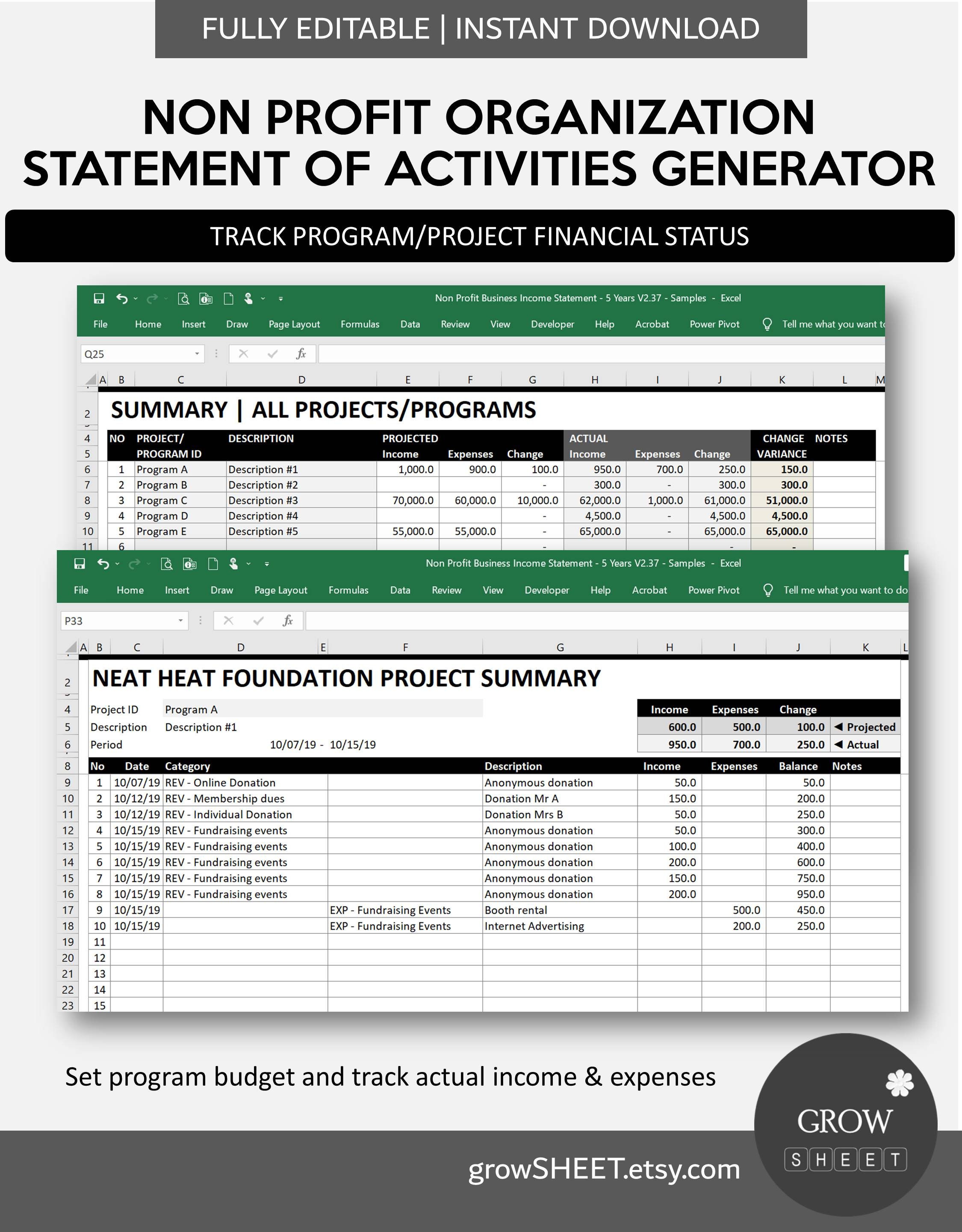 Non Profit Organization Income Statement Generator NGO - Etsy