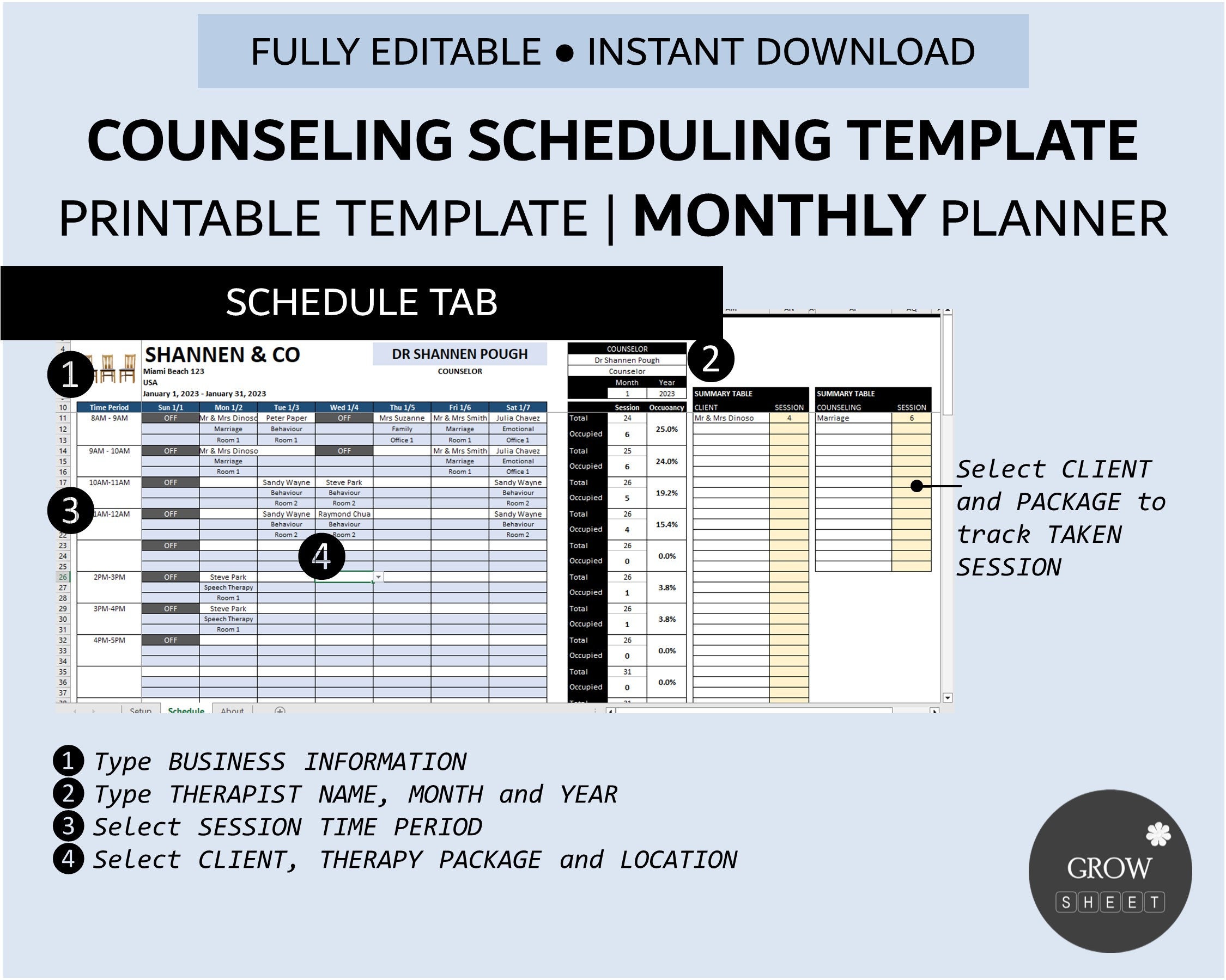 Counseling Scheduling Template for Excel and Google Sheets | Printable ...