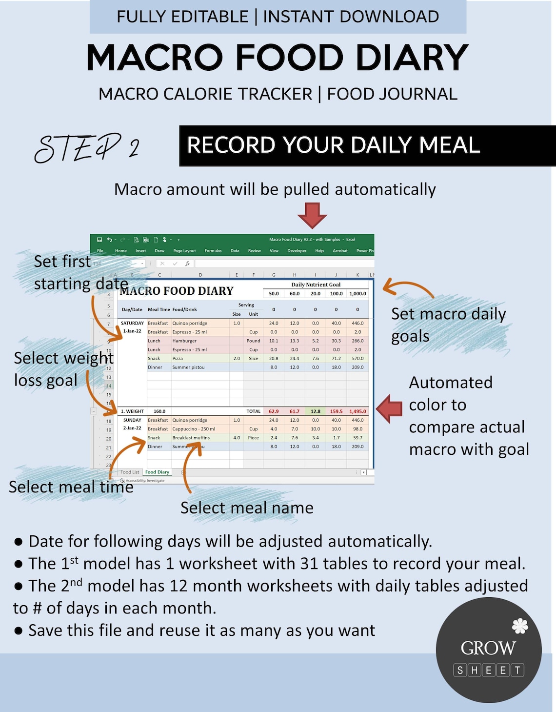 Macro Food Diary | Daily Food Journal With Macro Calculator for Excel ...