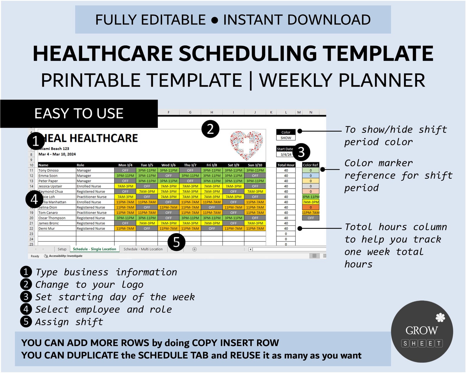 Healthcare Scheduling Template for Excel and Google Sheets | Multi ...