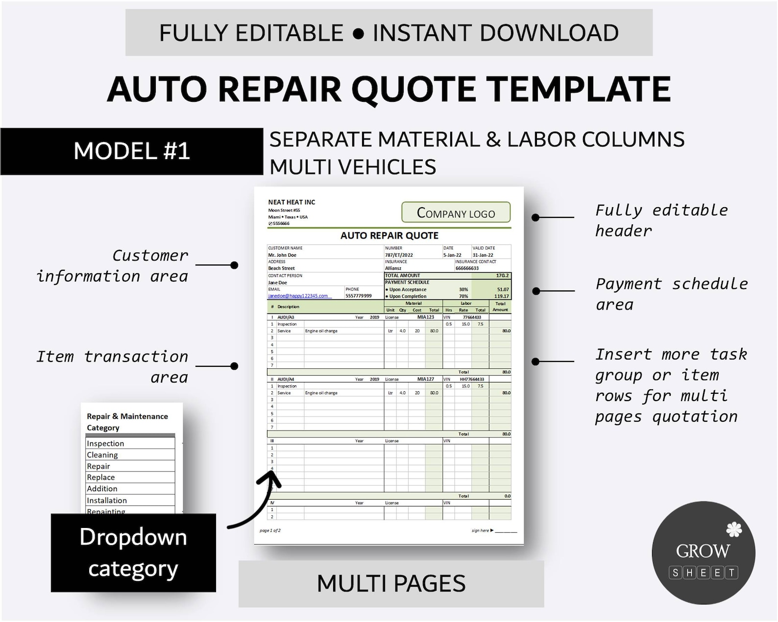 Printable Auto Repair Quote Template for Excel and Google Sheets ...
