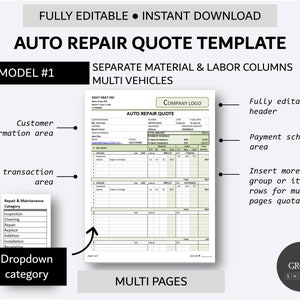 Printable Auto Repair Quote Template for Excel and Google Sheets ...