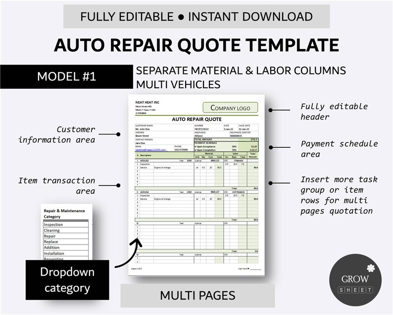 Printable Auto Repair Quote Template for Excel and Google Sheets ...
