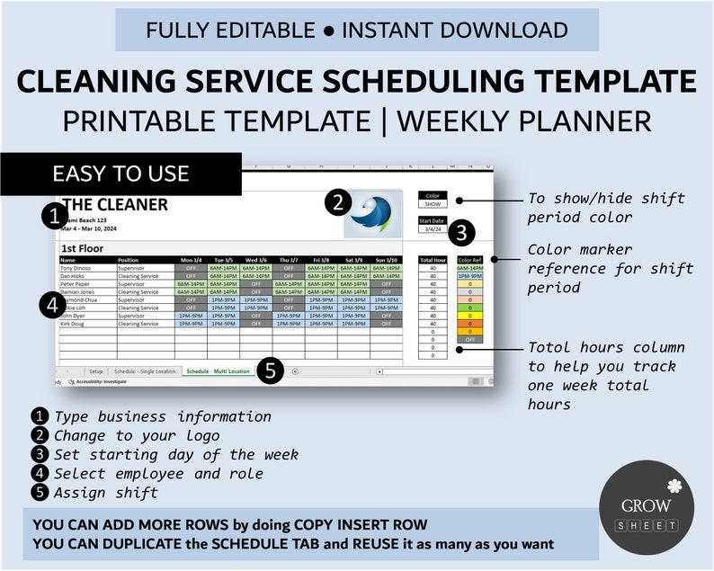 Cleaning Service Scheduling Template | Multi Roles-location-shift ...