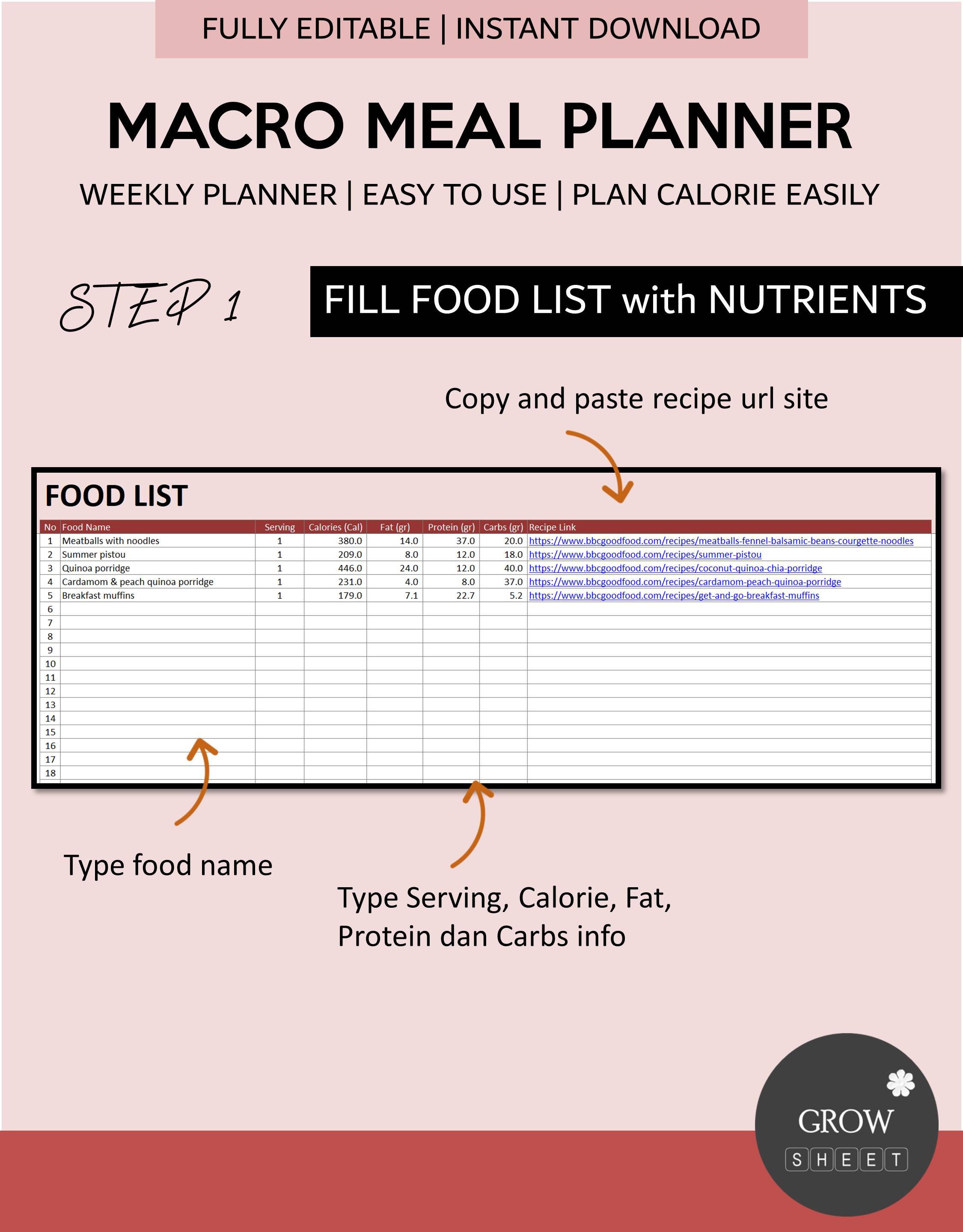 Macro Meal Planner for Excel and Googlesheets | Fully Editable Weekly ...