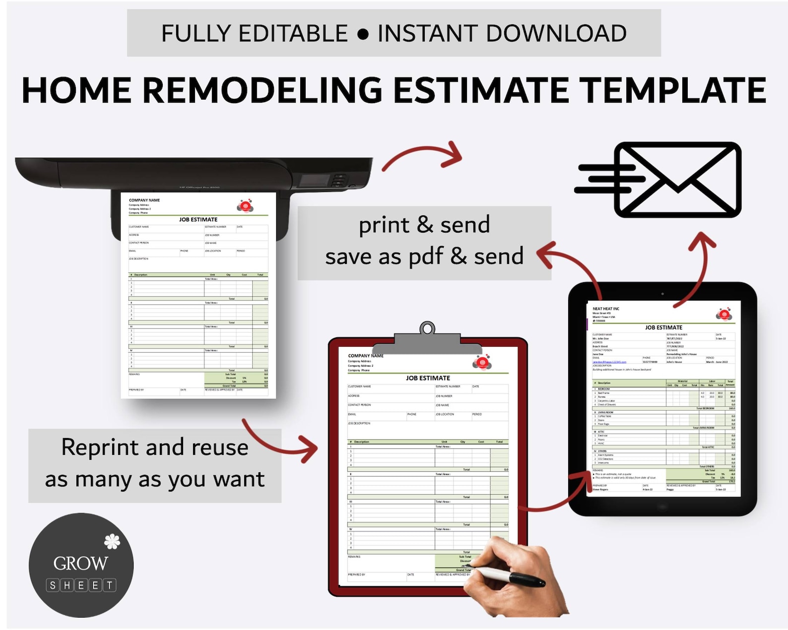 Printable Home Remodeling Estimate Template | Job Estimate Form for ...