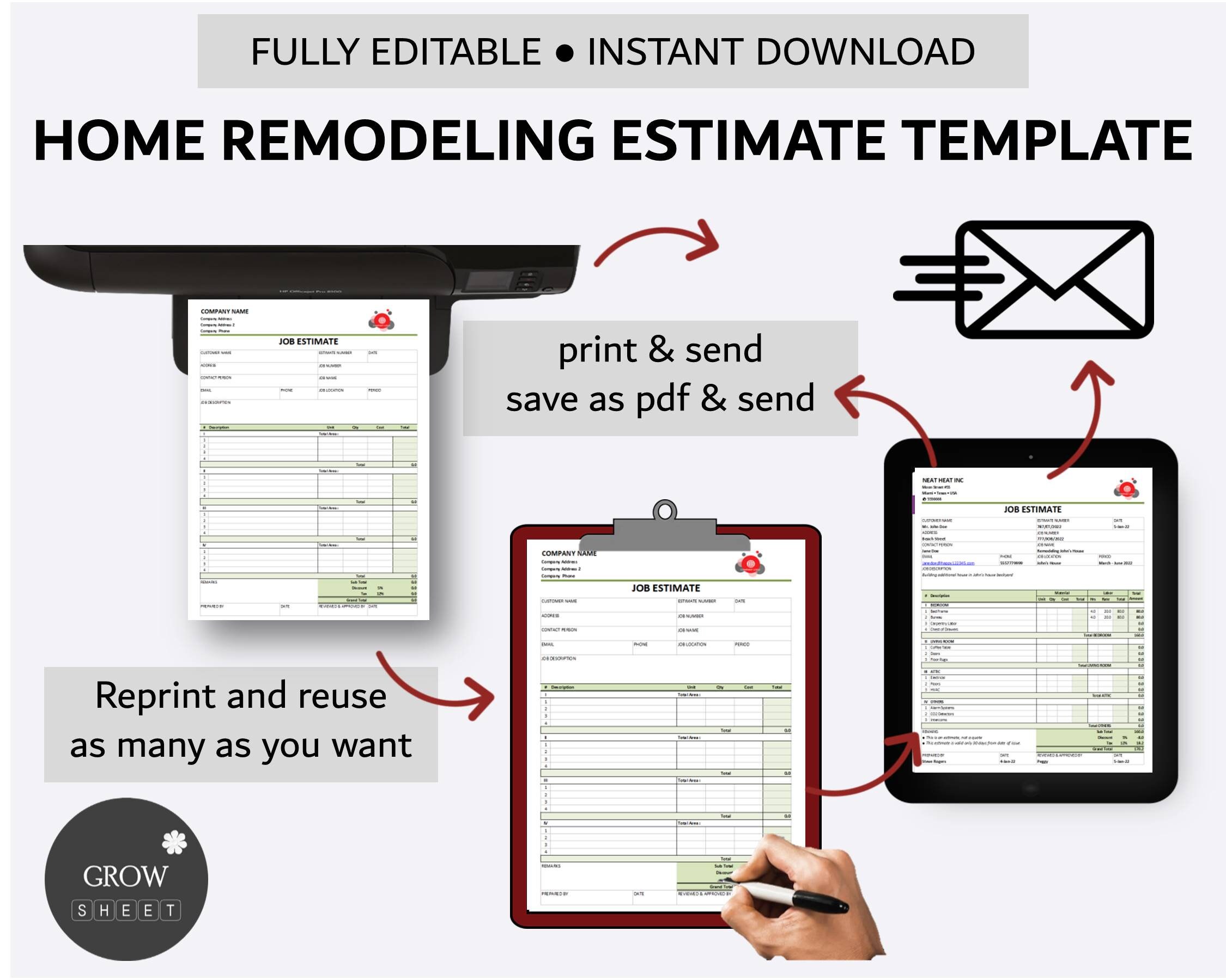 Printable Home Remodeling Estimate Template | Job Estimate Form for ...