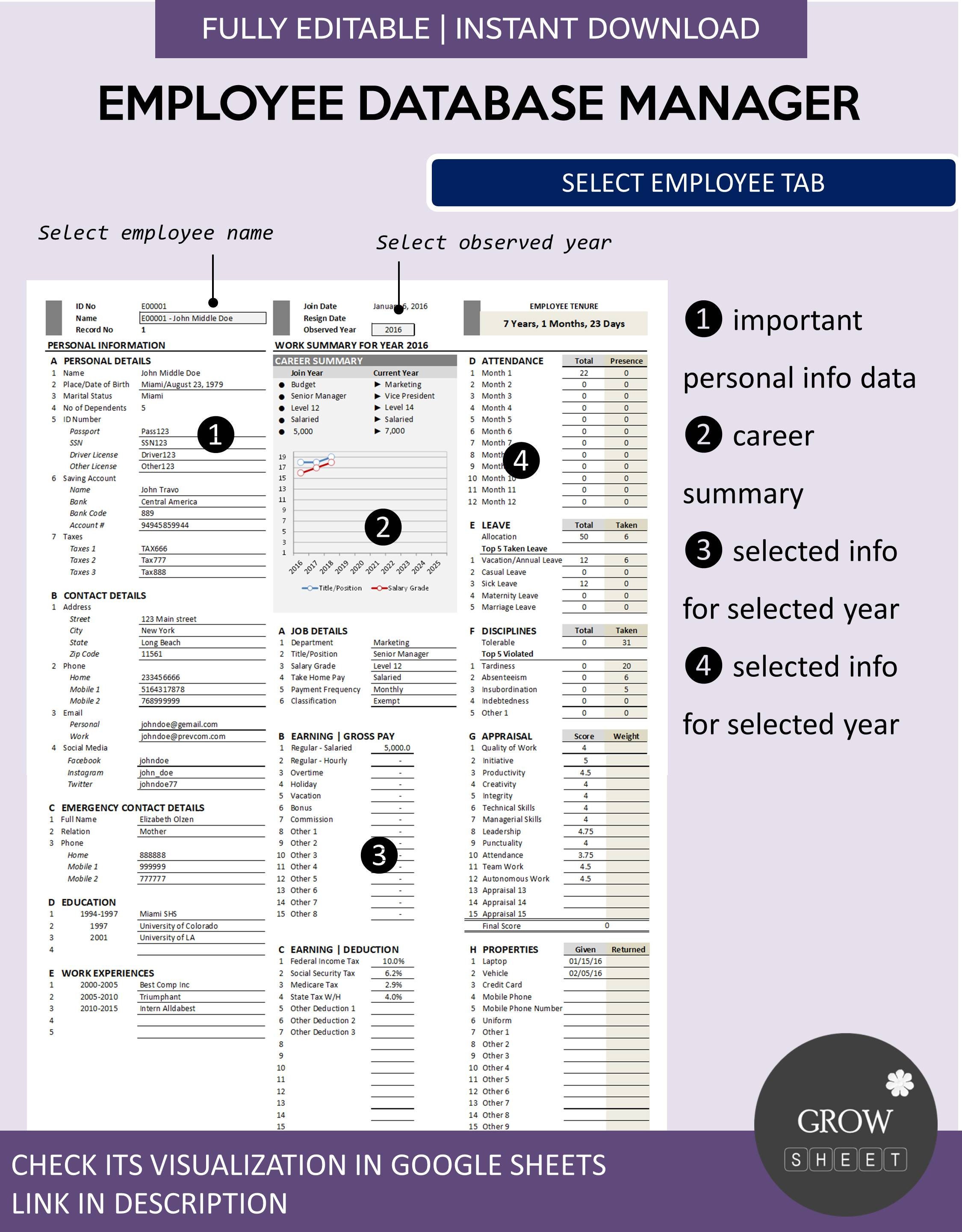 Employee Database Management System for Excel and Google Sheets Human ...