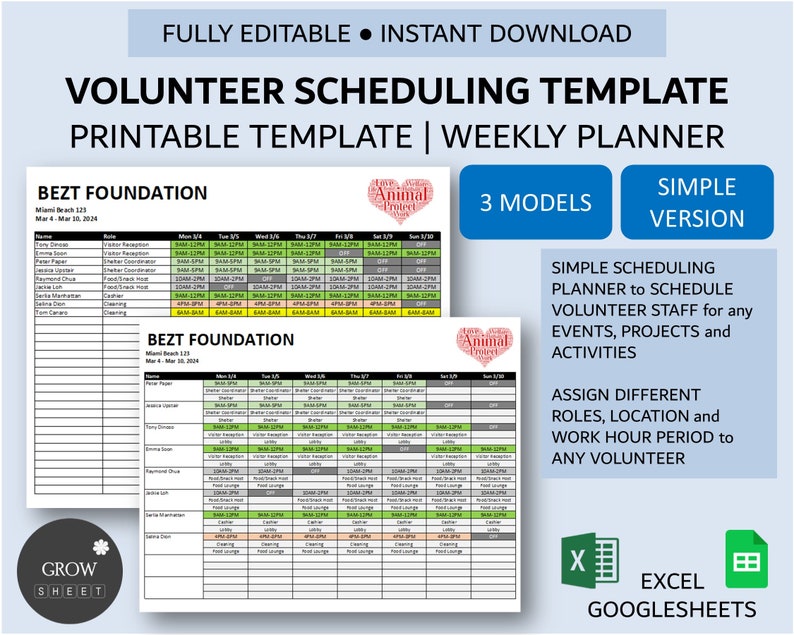 Volunteer Scheduling Template for Excel and Google Sheets | Multi Roles ...