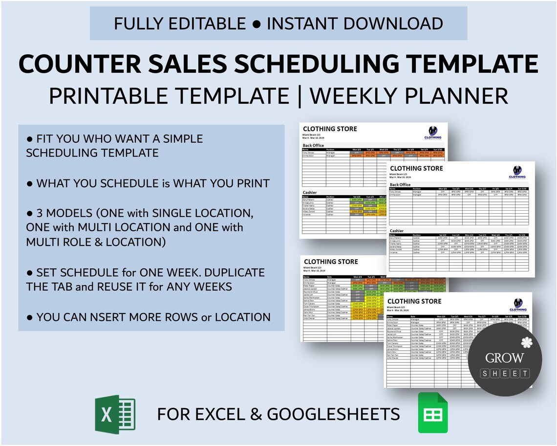 Sales Scheduling Template for Excel and Google Sheets | Multi Roles ...