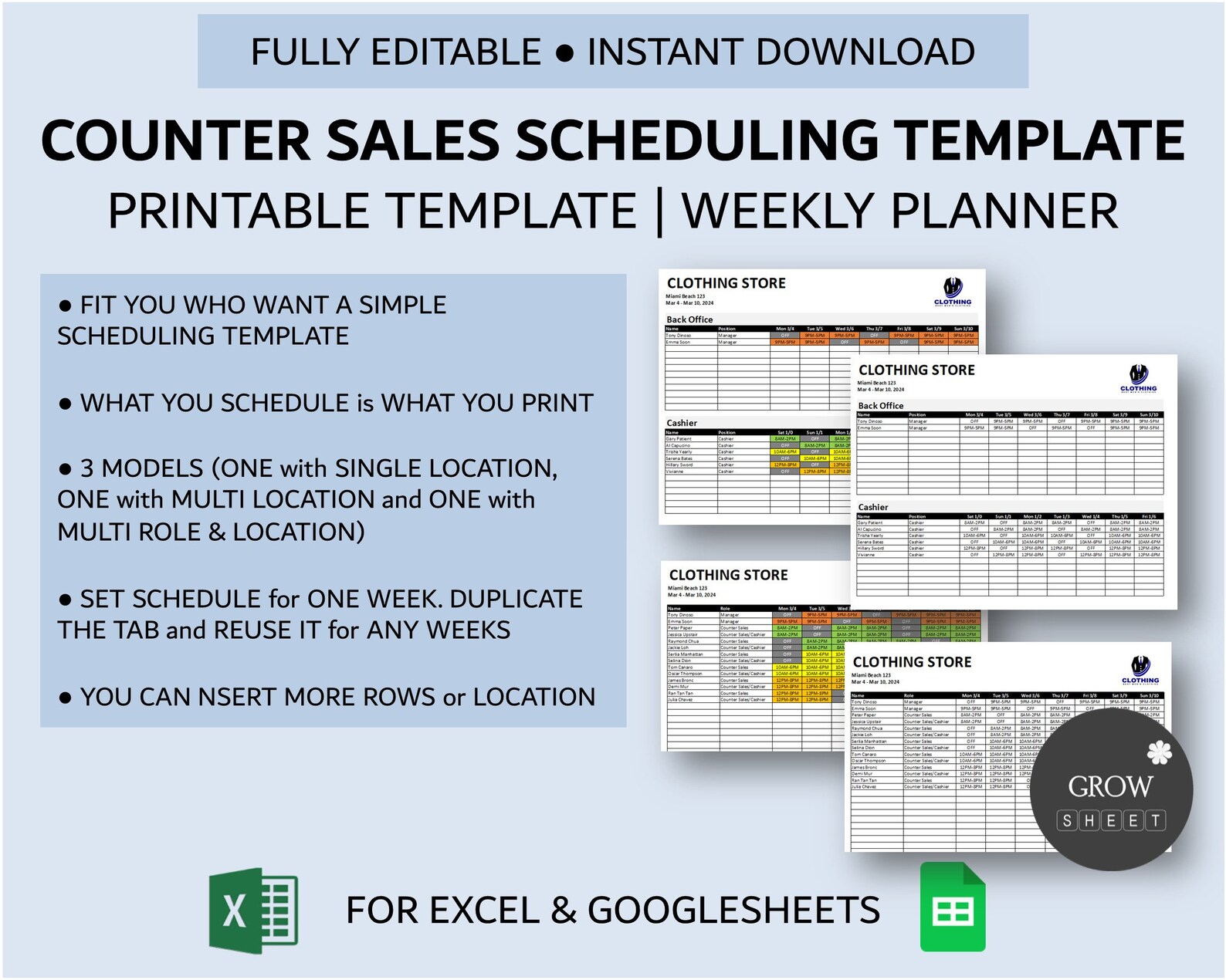 Sales Scheduling Template for Excel and Google Sheets | Multi Roles ...