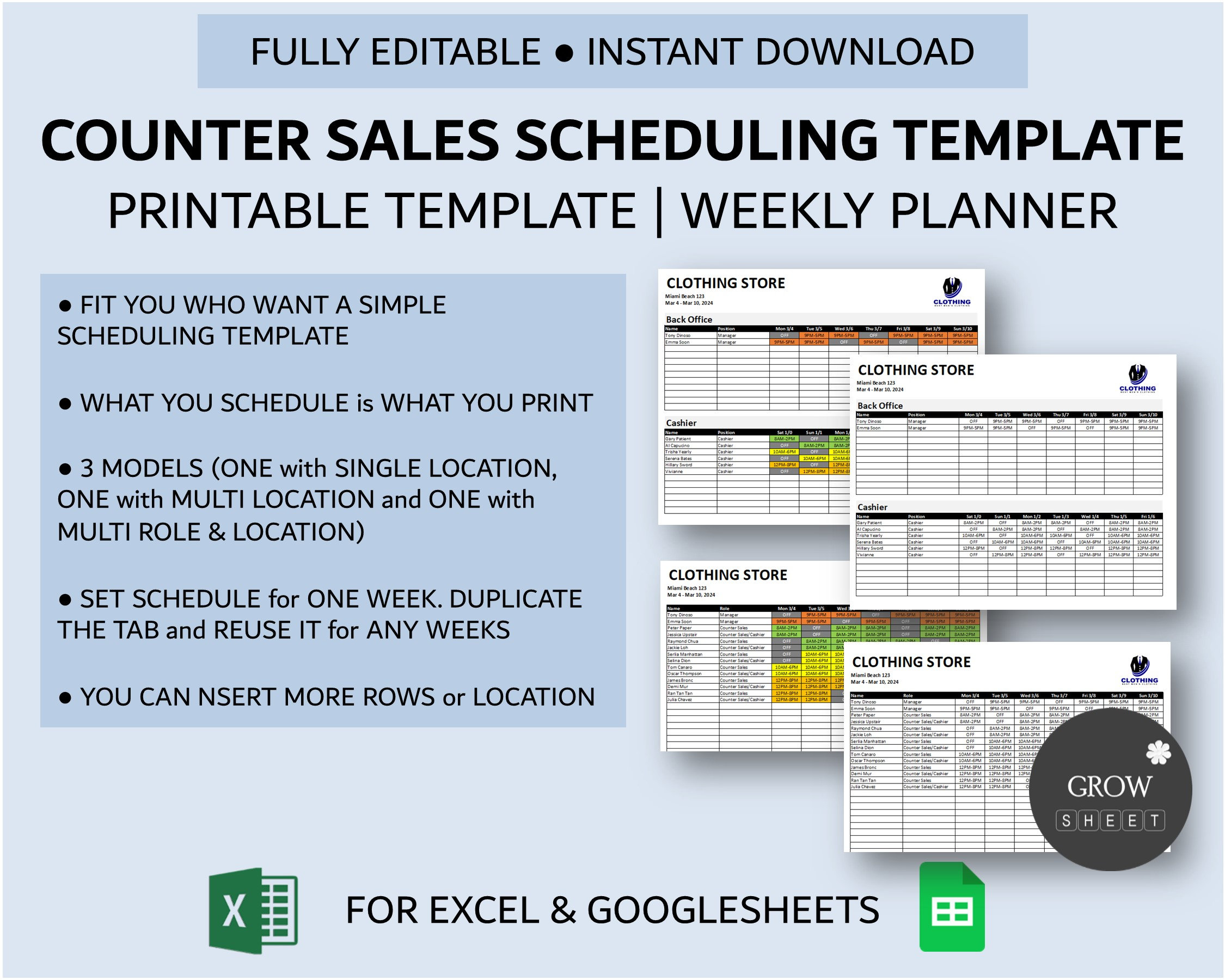 Sales Scheduling Template for Excel and Google Sheets | Multi Roles ...