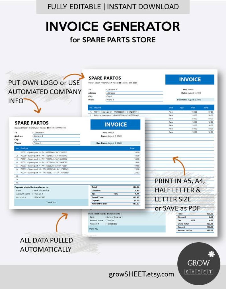 Invoice Generator for Spare Parts Business | Excel Invoice Template for ...