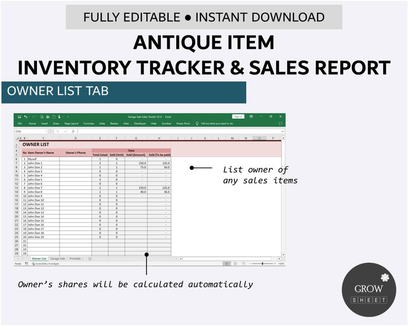 Antique Item Sale Inventory and Sales Tracker | Sales Item Listing ...