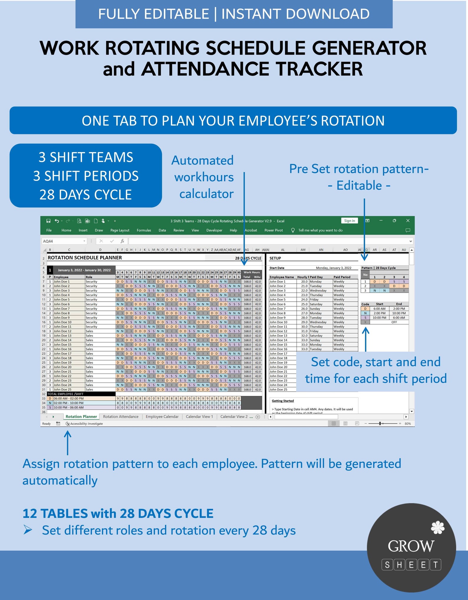 Work Rotating Generator Template and Attendance Tracker | Automated ...