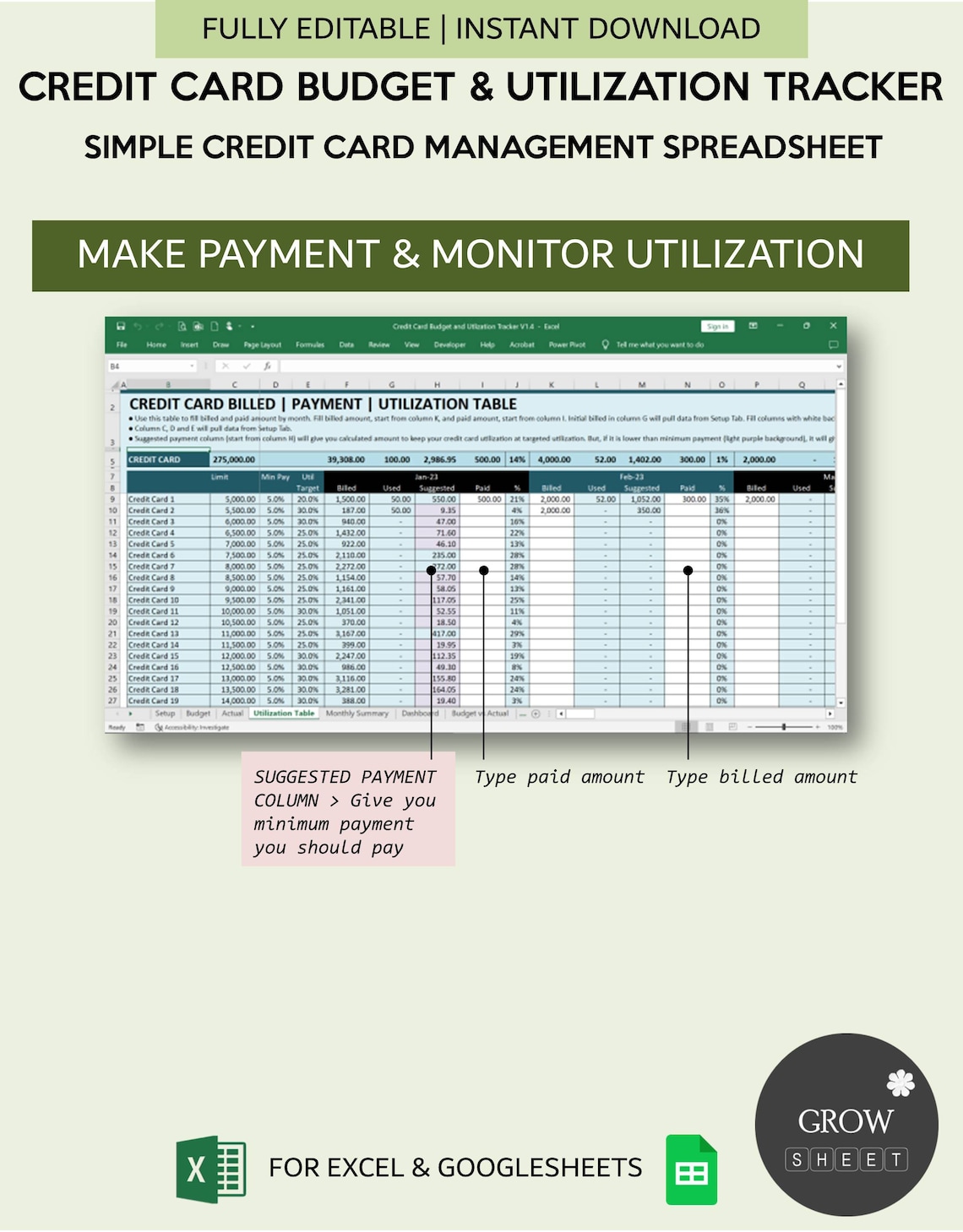 Credit Card Budget Planner and Utilization Tracker Spreadsheet Credit ...