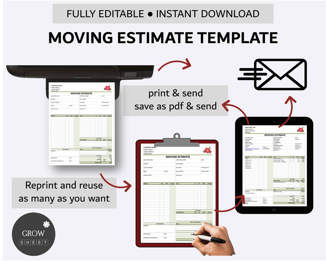 Printable Moving Estimate Template for Excel and Google Sheets | Home Mover Estimate Form | Job ...