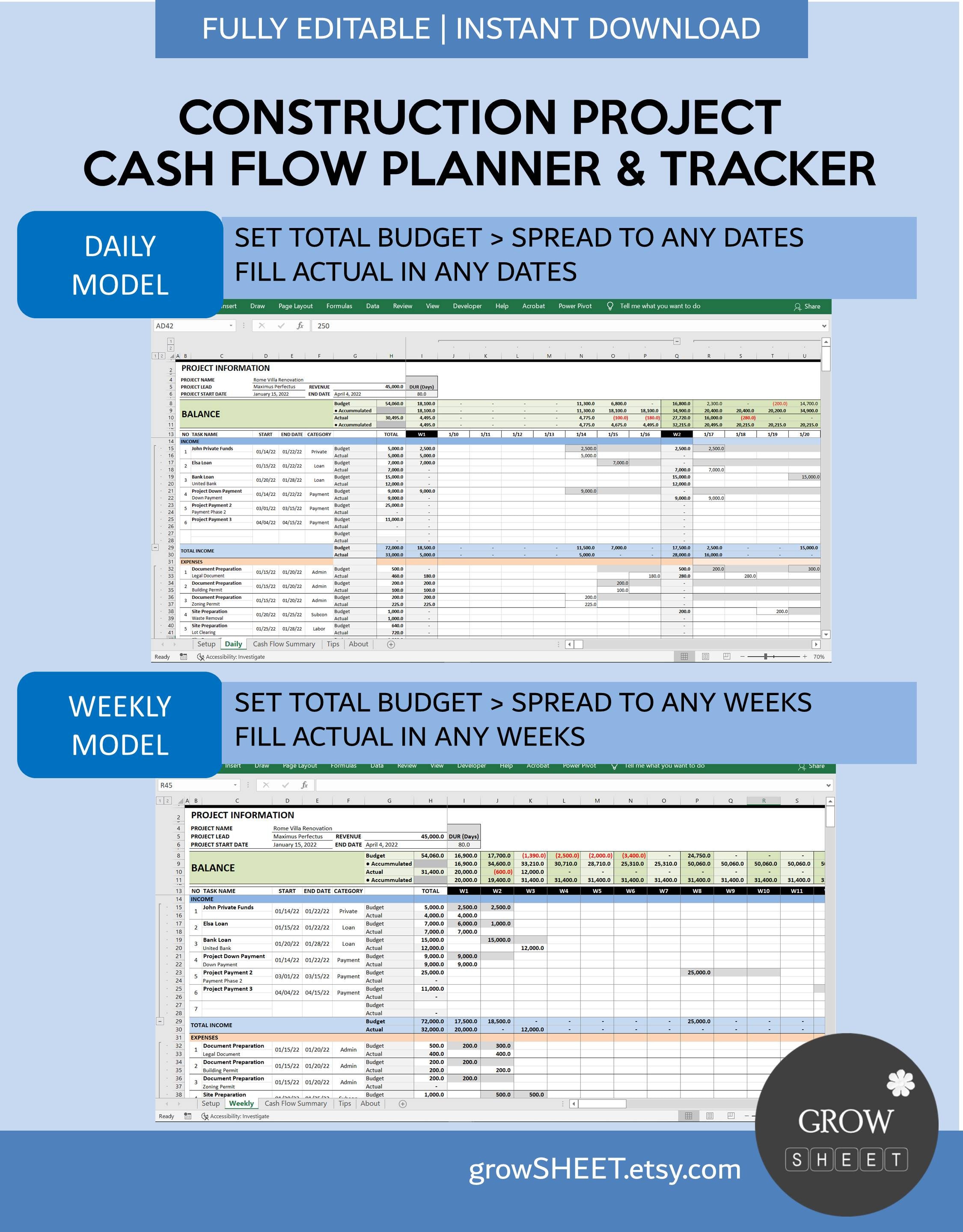 Construction Project Cash Flow Planner and Tracker Spreadsheet | Daily ...