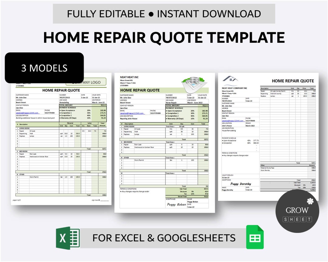 Printable Home Repair Quote Template | Home Renovation Price Quotation ...