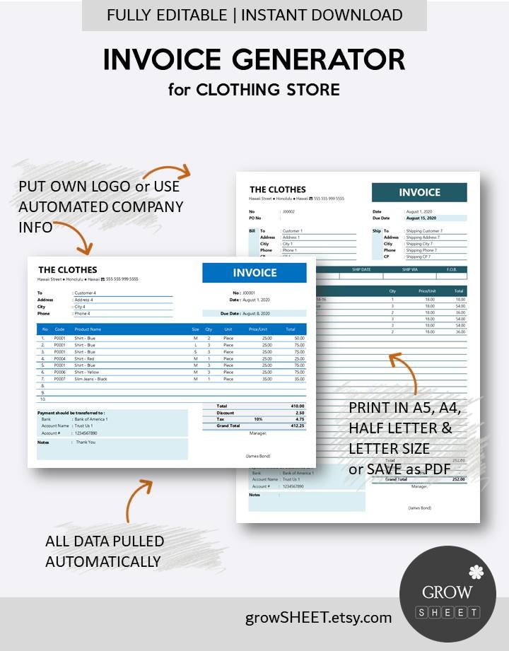 Invoice Generator for Clothing Business Excel Invoice Template for ...