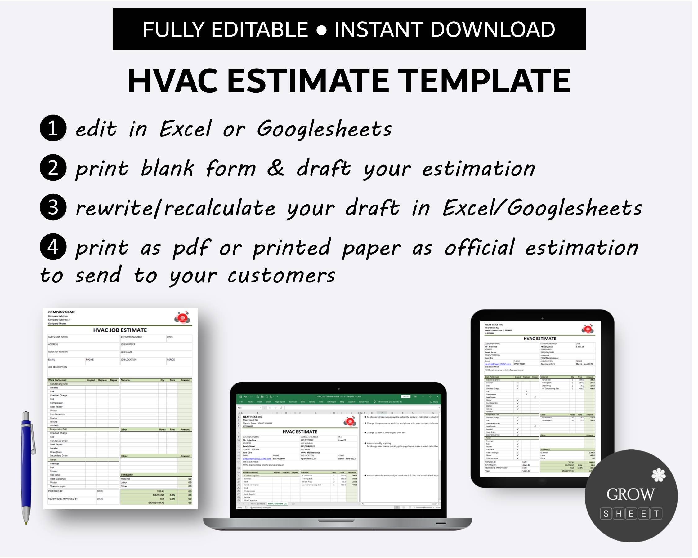 Printable HVAC Estimate Template | Job Estimate Template | Work ...