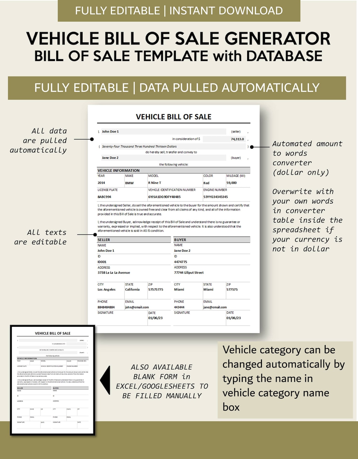 Vehicle Bill of Sale Generator One Page Bill of Sale Template With ...
