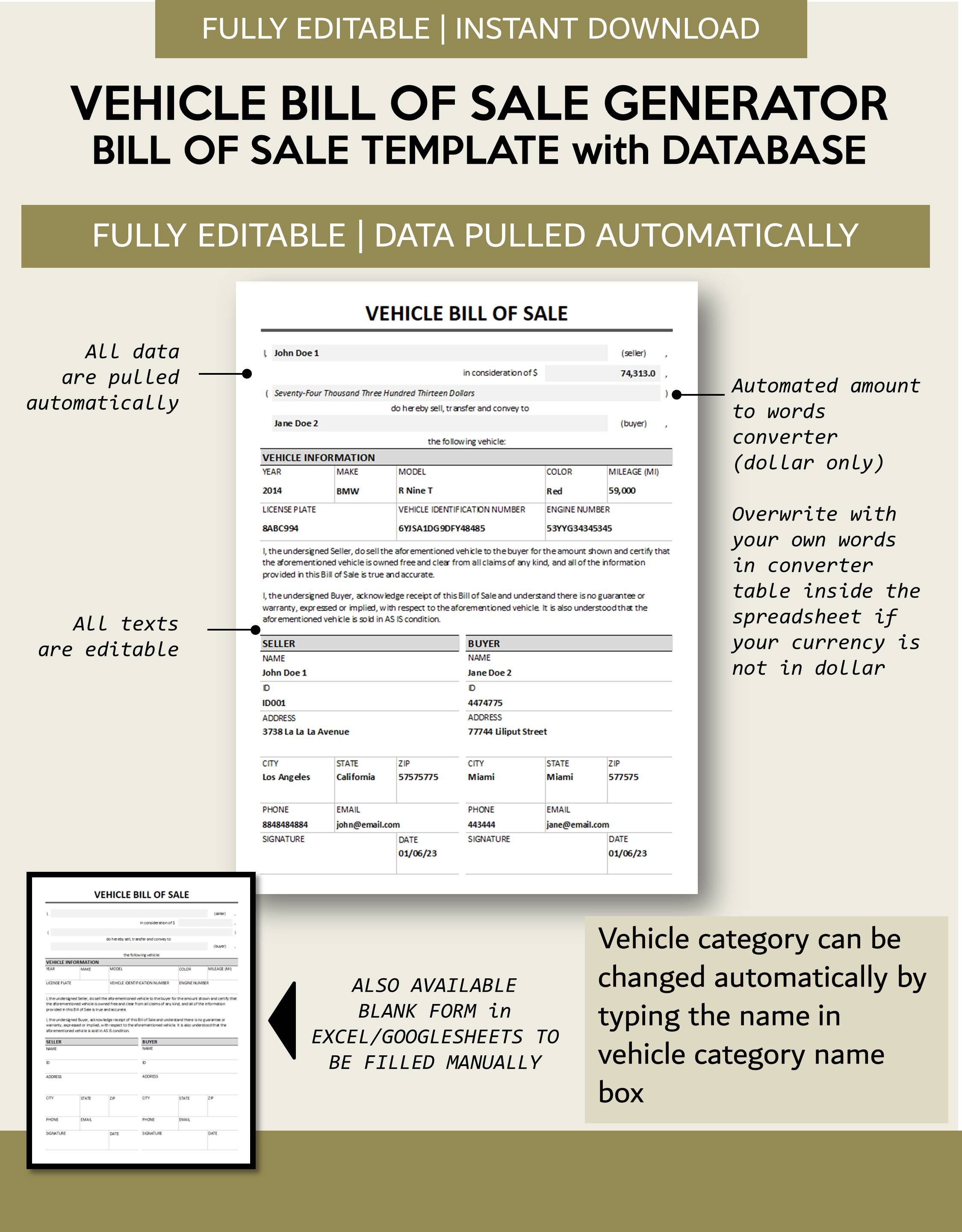 Vehicle Bill of Sale Generator One Page Bill of Sale Template With ...
