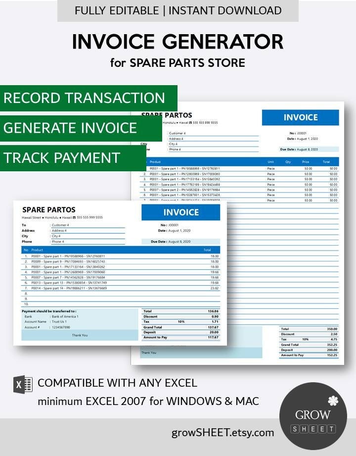 Invoice Generator for Spare Parts Business | Excel Invoice Template for ...