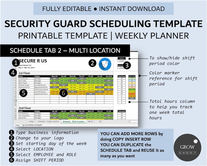 Security Guard Scheduling Template | Multi Roles-location-shift Period ...