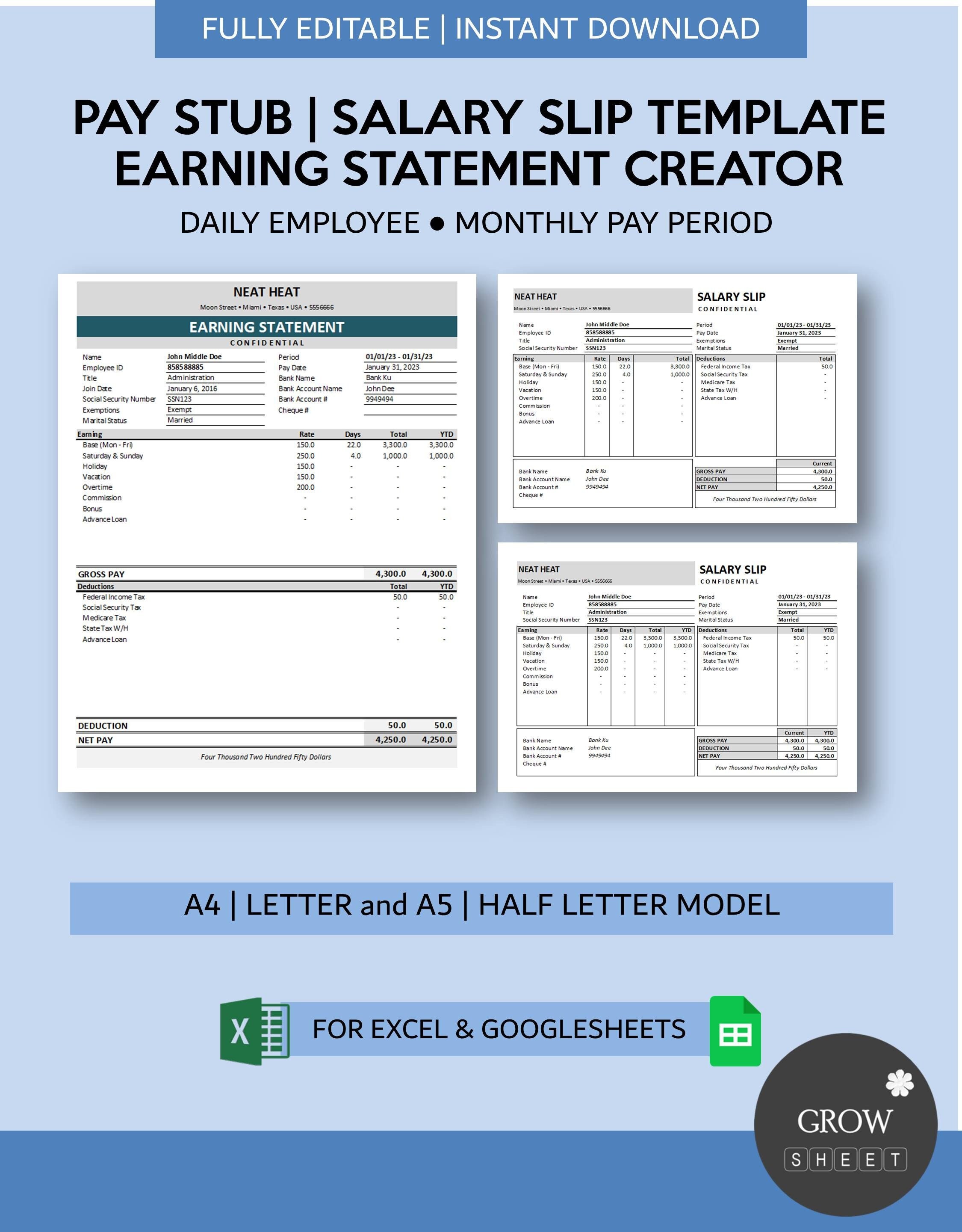 Salary Slip Generator | Earning Statement Template | Pay Slip Creator ...