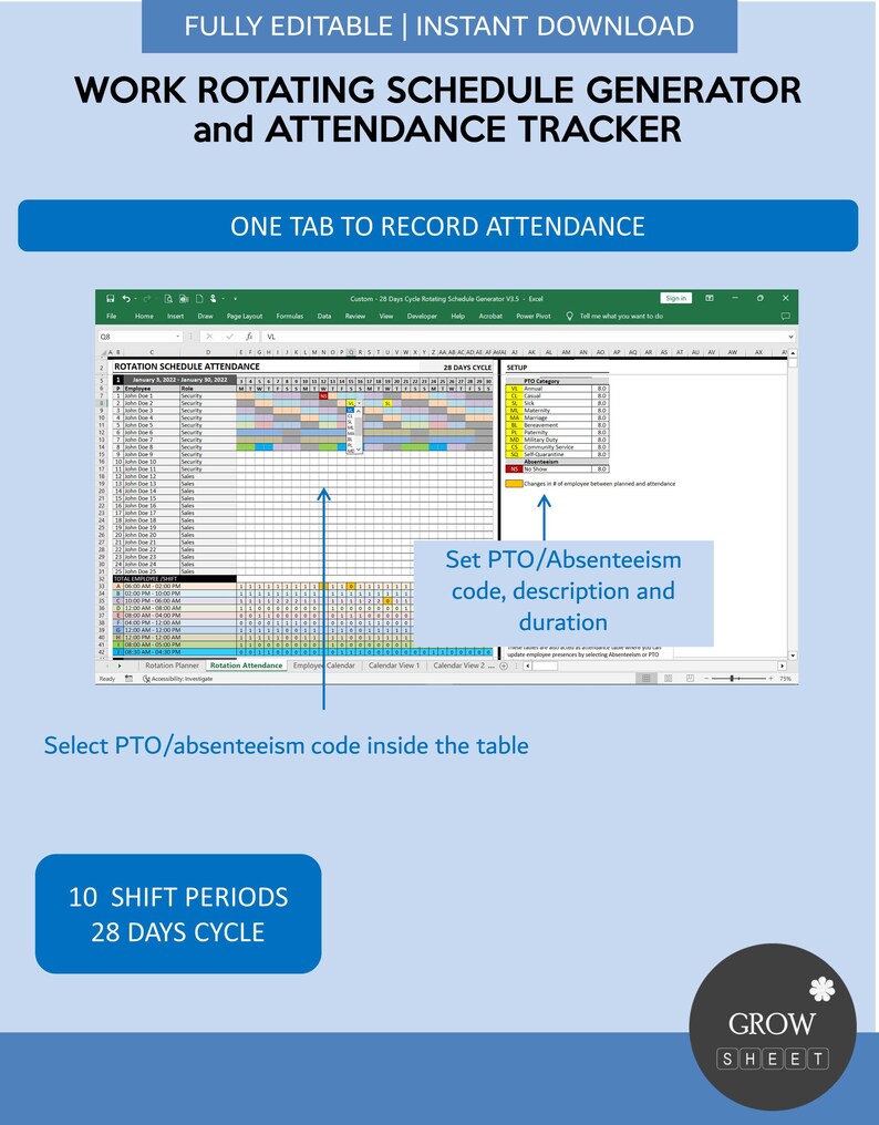 Work Rotating Generator Template and Attendance Tracker | Automated ...