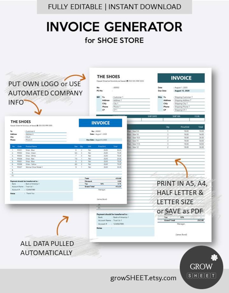 Invoice Generator for Shoe Stores Excel Invoice Template for Shoe ...