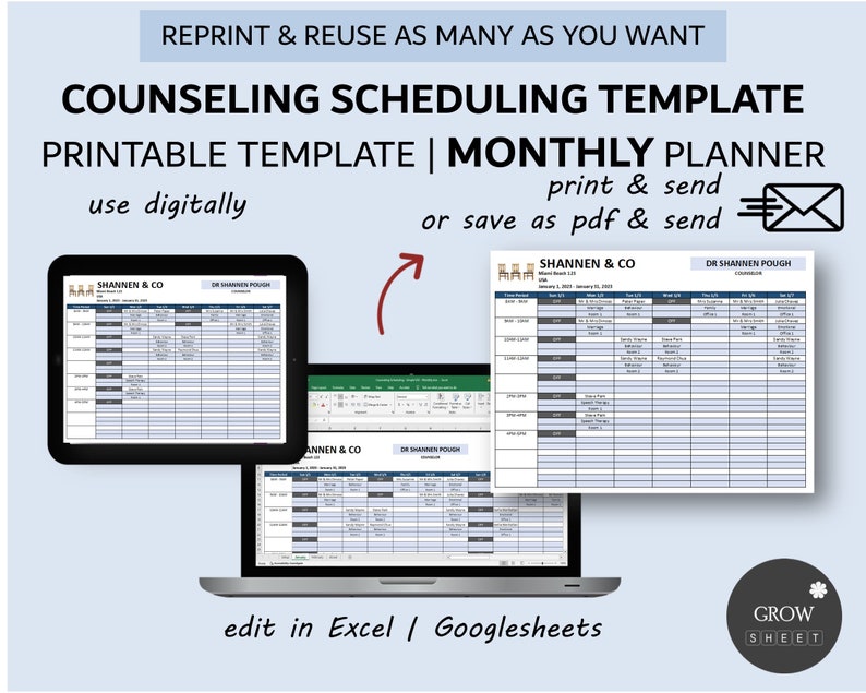 Counseling Scheduling Template for Excel and Google Sheets | Printable ...