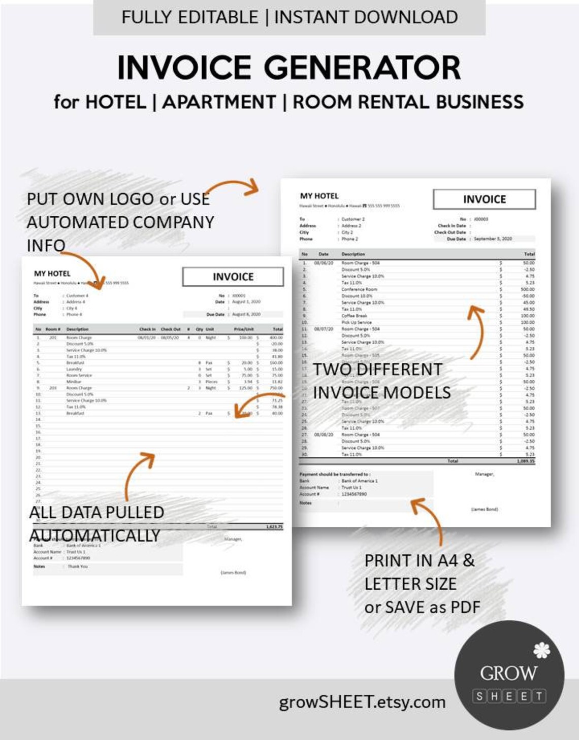 Invoice Generator for Hotel Business | Excel Invoice Template for Room ...
