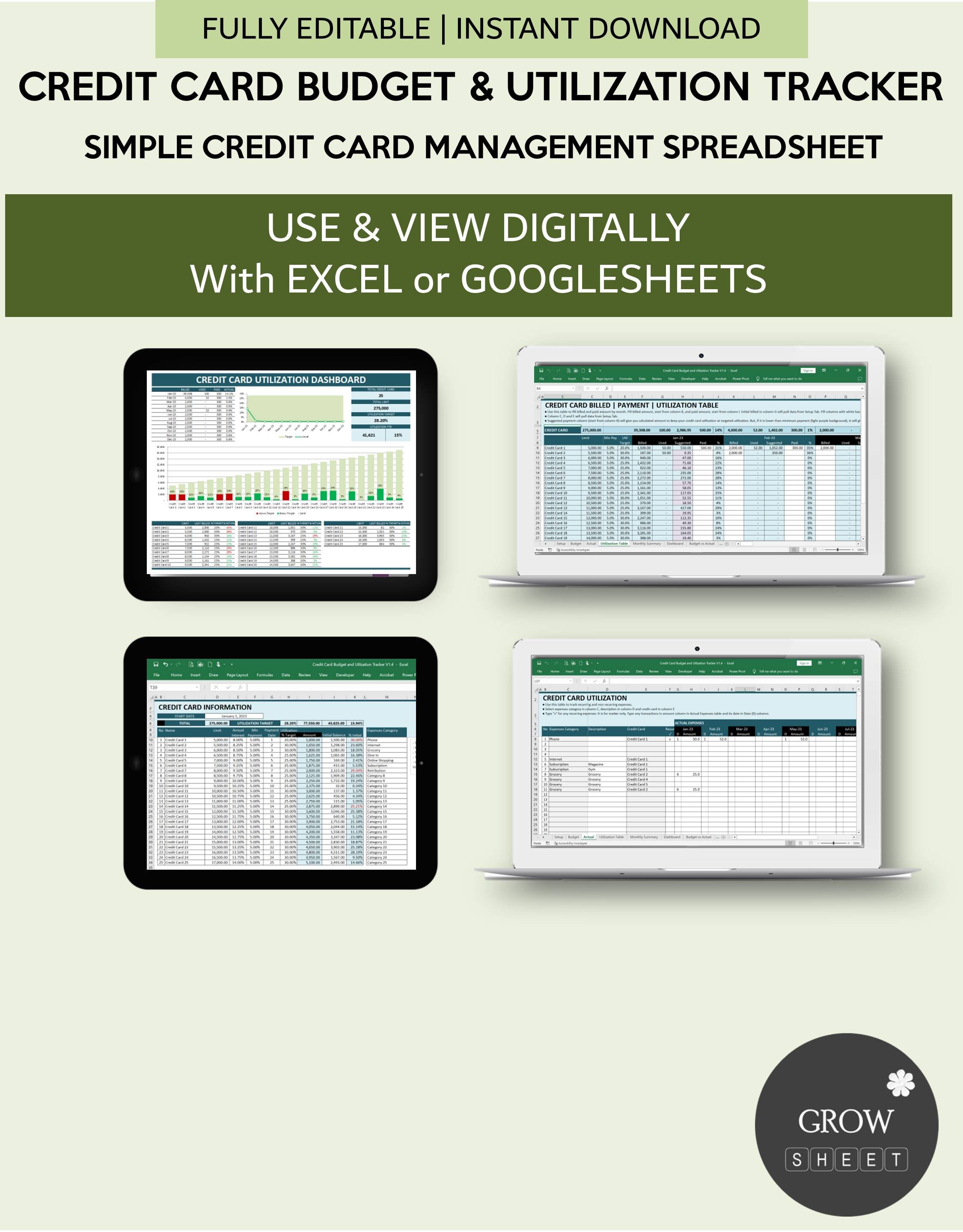 Credit Card Budget Planner and Utilization Tracker Spreadsheet Credit Card Manager for Excel and ...