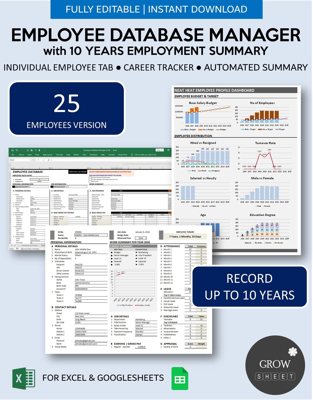 Employee Database Management System for Excel and Google Sheets | Human Resources KPI | 10 Years ...