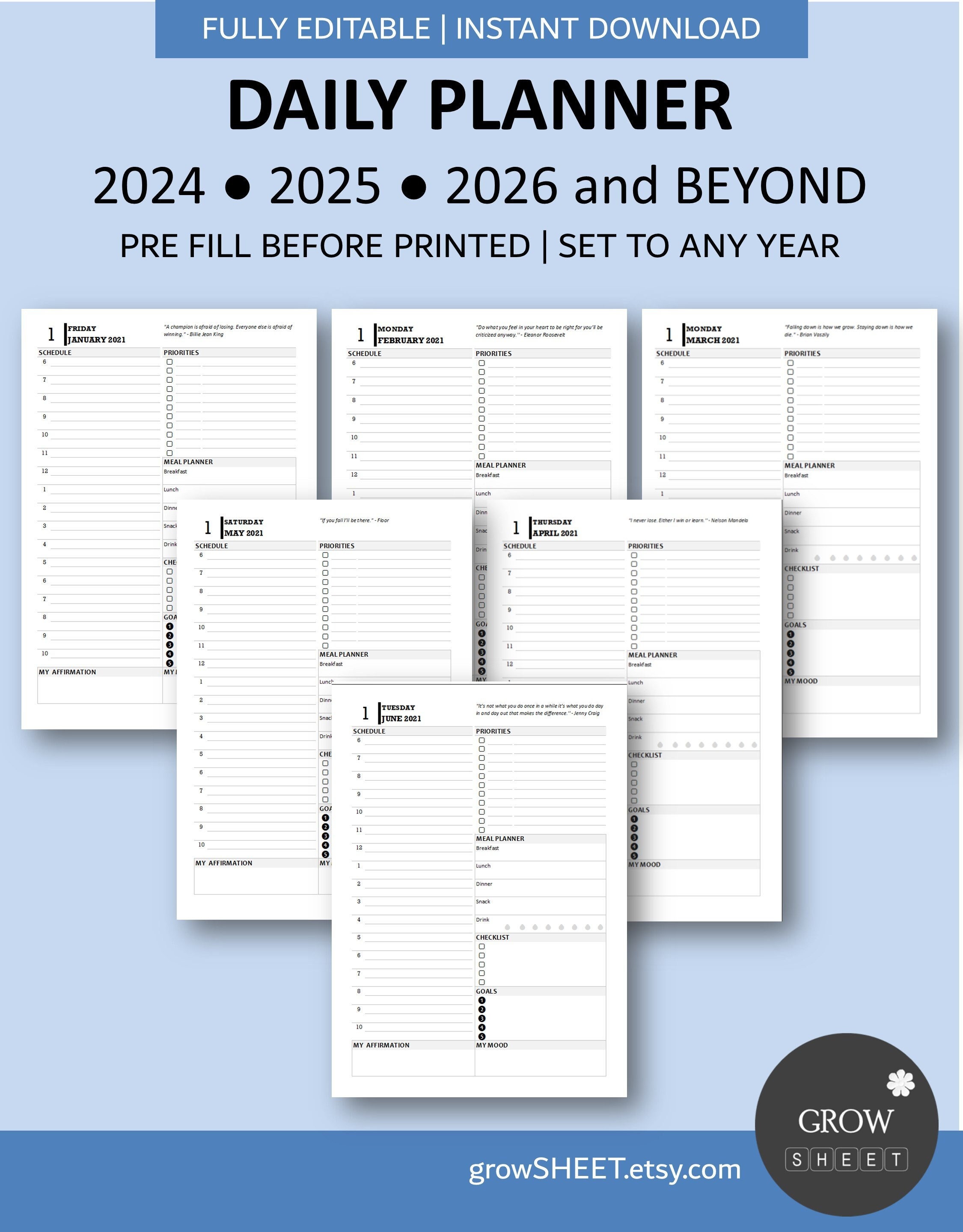 Daily Planner 2024 - 2025 - 2026 and Beyond | Daily Planner Printable ...