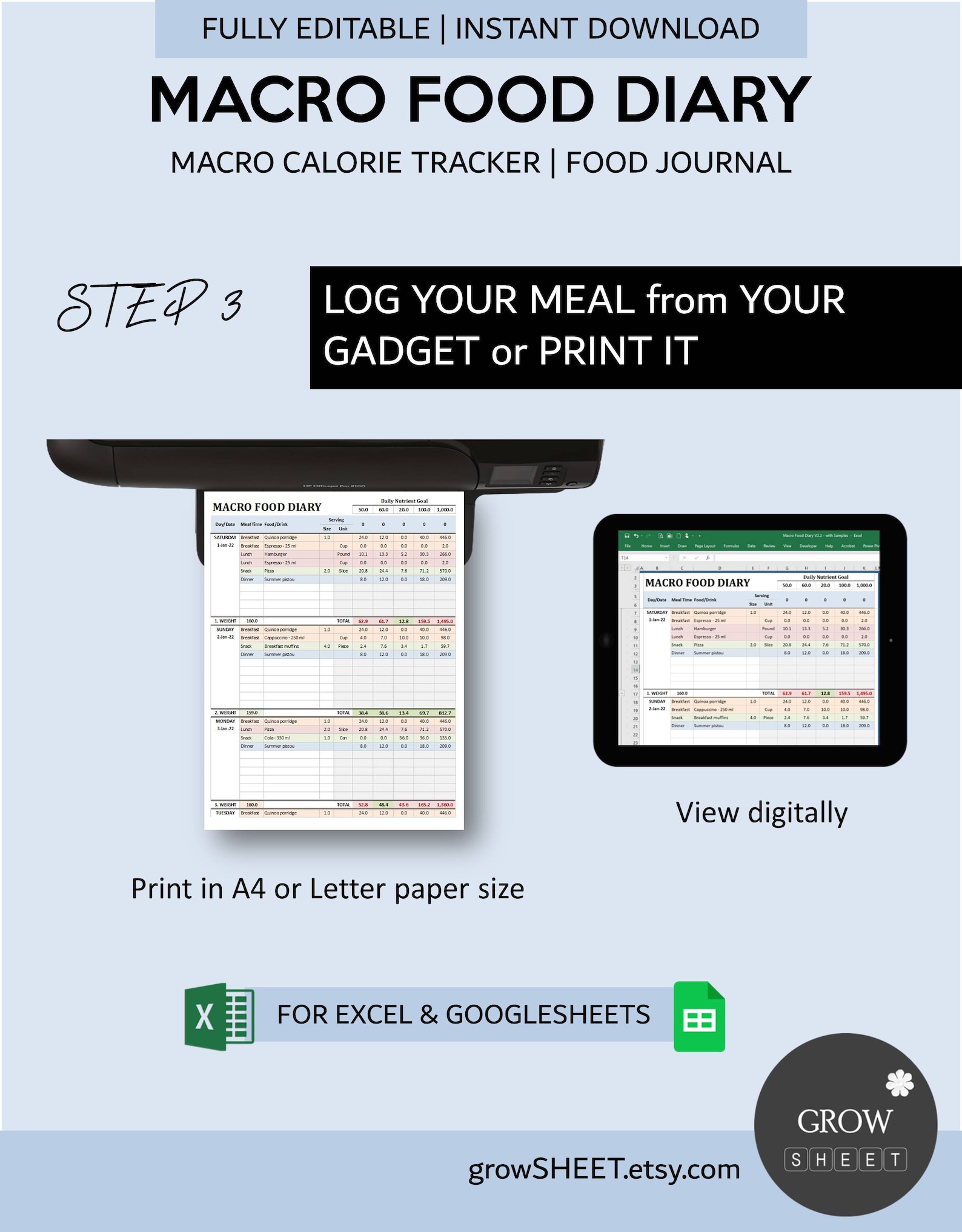 Macro Food Diary | Daily Food Journal With Macro Calculator for Excel ...