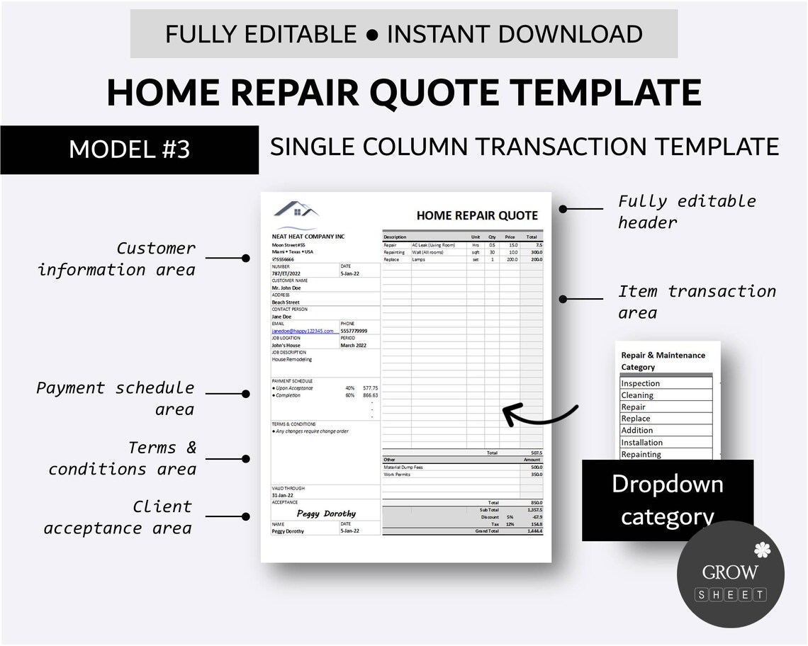 Printable Home Repair Quote Template | Home Renovation Price Quotation ...