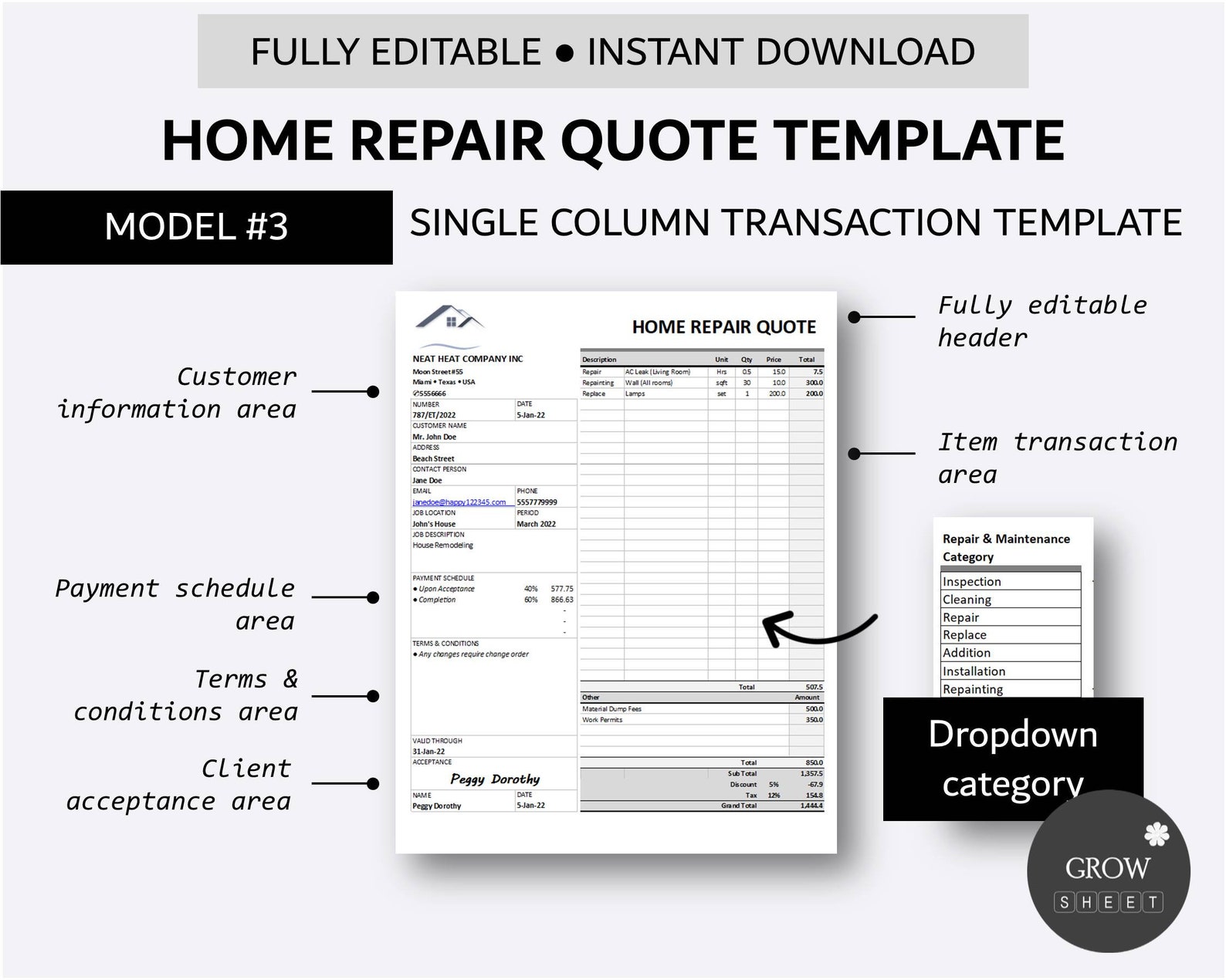Printable Home Repair Quote Template | Home Renovation Price Quotation ...