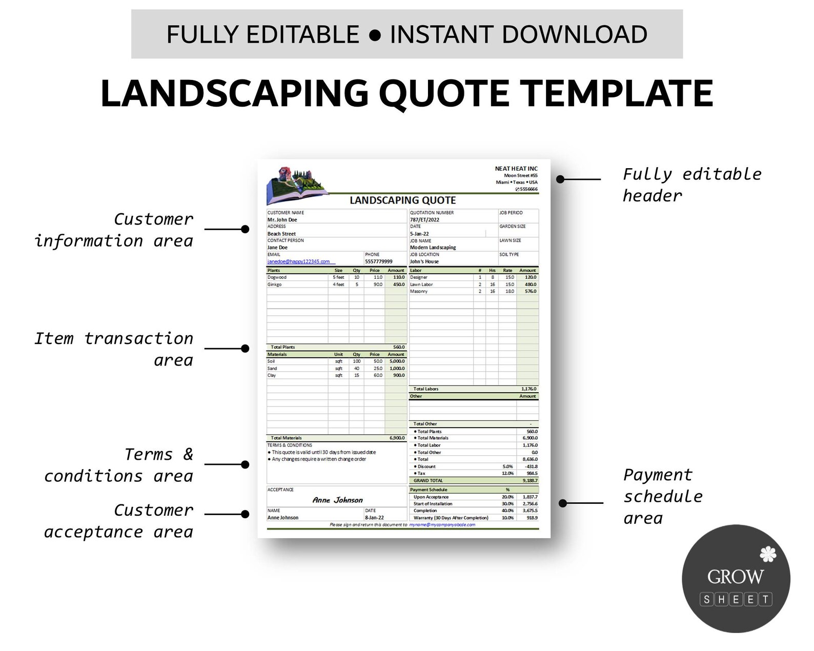 Printable Landscaping Quote Template For Excel And Google Etsy